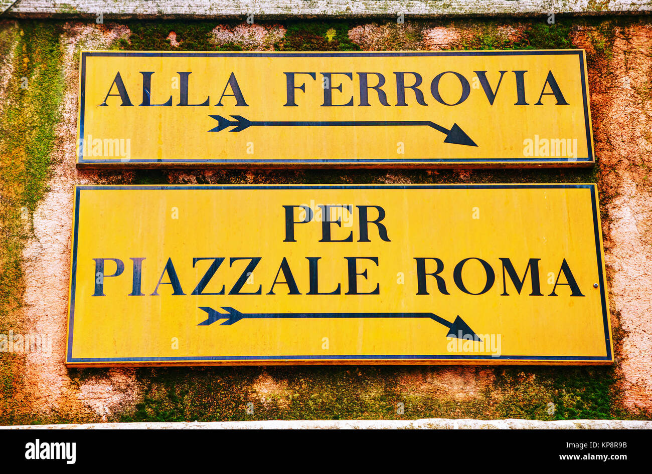 Alla Ferrovia and Piazzale Roma direction sign in Venice Stock Photo ...