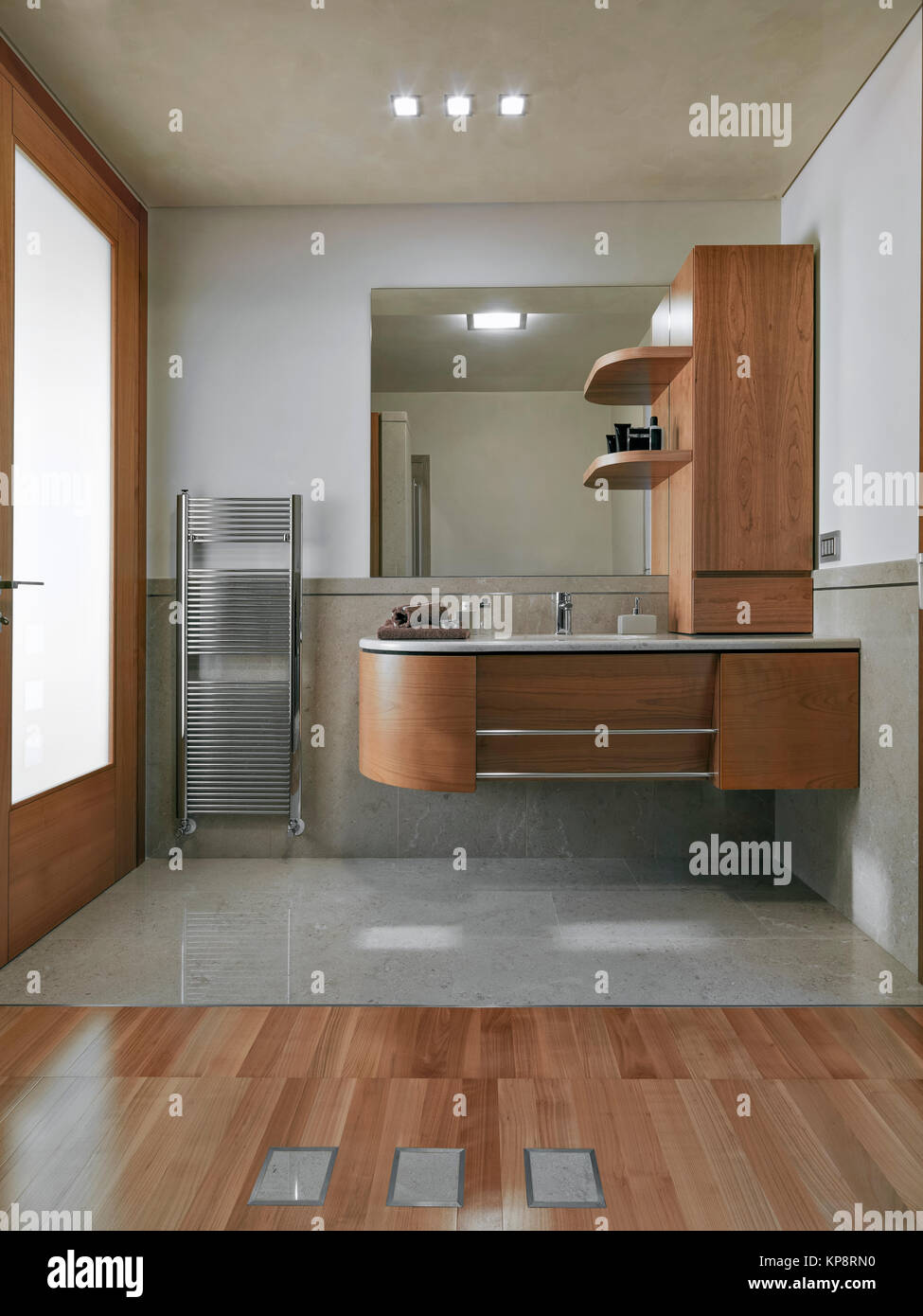 interior view of a modern bathroom in foreground wood funiture for ...