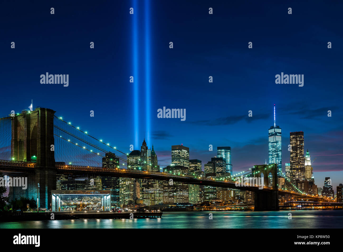 Manhattan Downtown with 9/11 lights Stock Photo - Alamy
