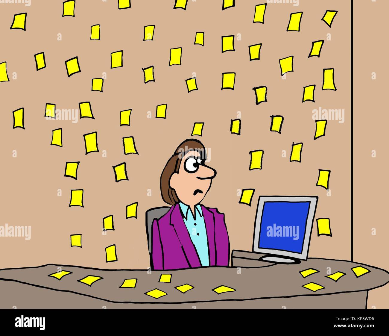 The woman's office and desk are filled with yellow sticky notes, she is ...