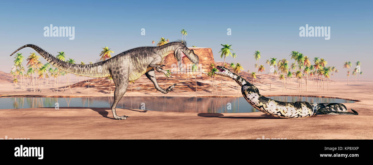Megalosaurus and Titanoboa attack each other Stock Photo - Alamy