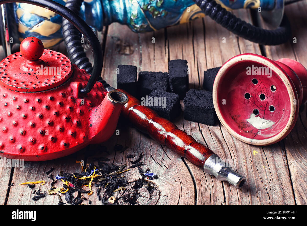 Details of Smoking hookah and red metal kettle spilled tea leaf Stock ...