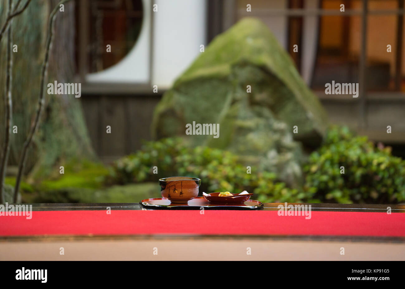 A Japanese teaset of traditional green tea and wagashi (Japanese sweet ...