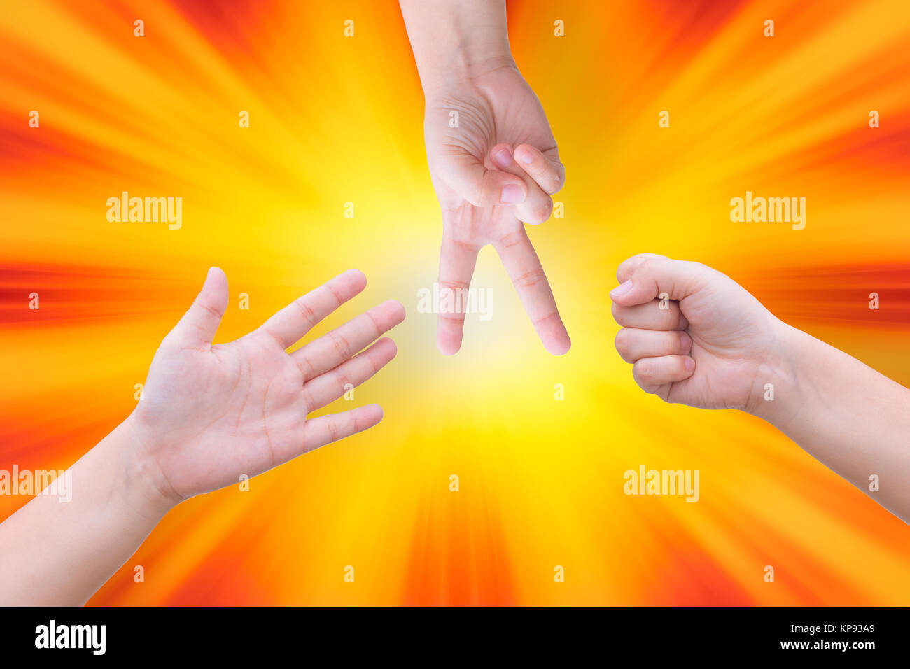rock paper scissor hand play of three people Stock Photo - Alamy