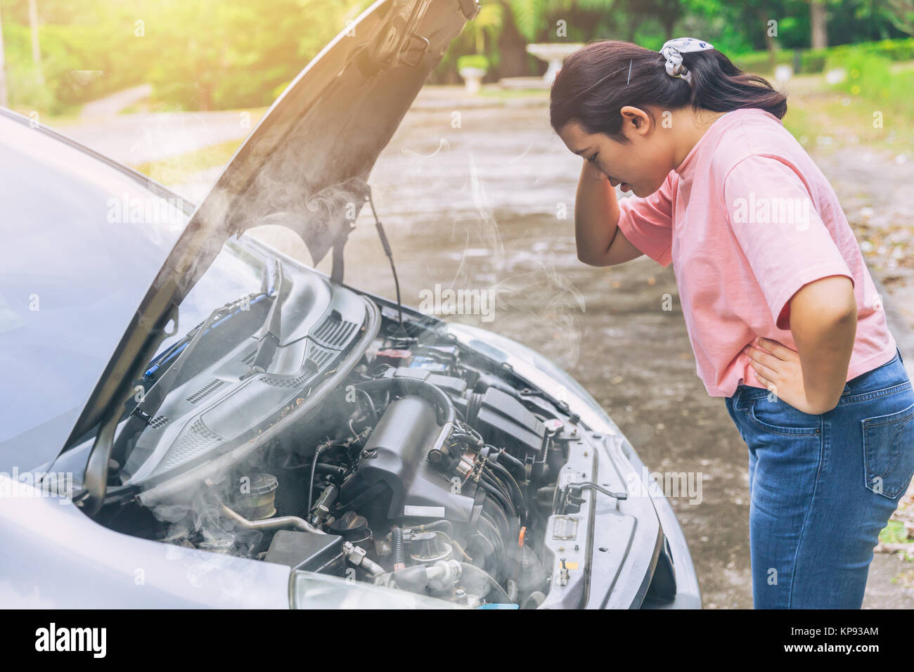 asian women worry and stress a trouble with car engine crash overheat ...