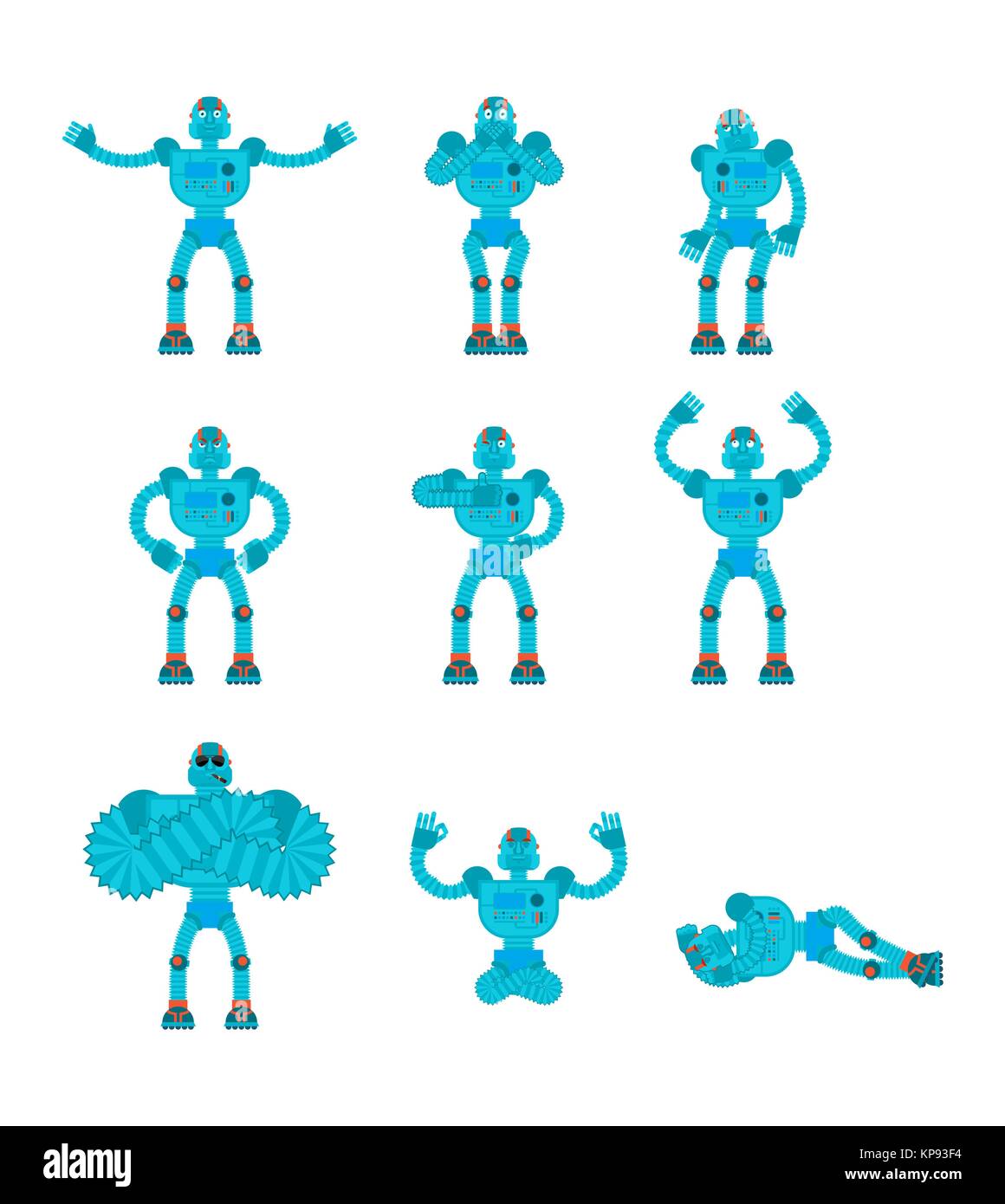 Robot set poses and motion. Robotic man happy and yoga. Cyborg sleeping ...