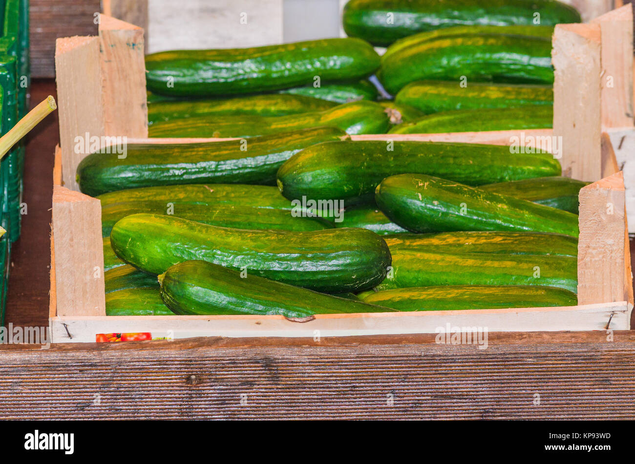fresh cucumber in a wooden box Stock Photo - Alamy