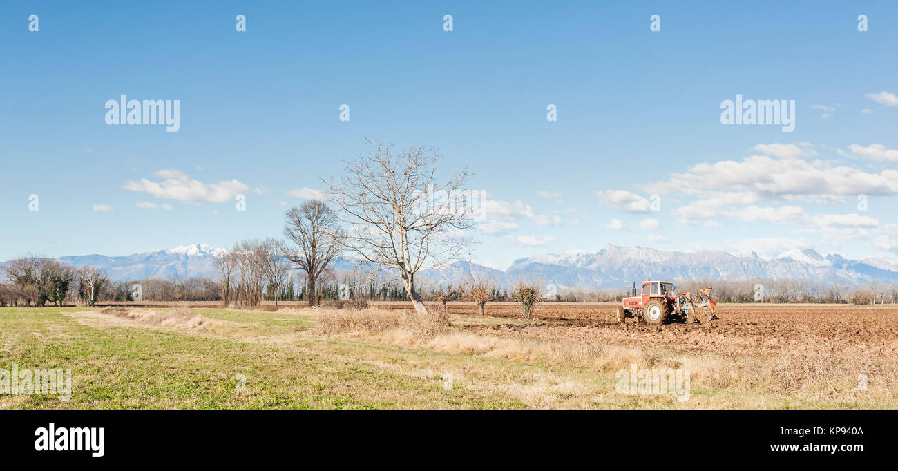 Agricultural landscape. With tractor plowing a field. The mountains in ...