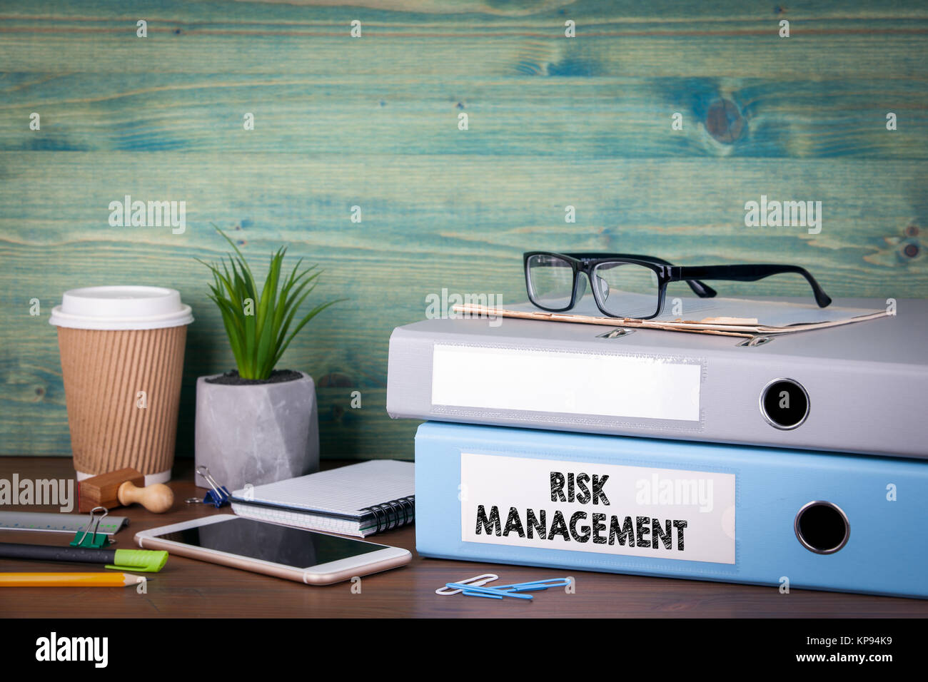 risk management concept. Binders on desk in the office. Business ...