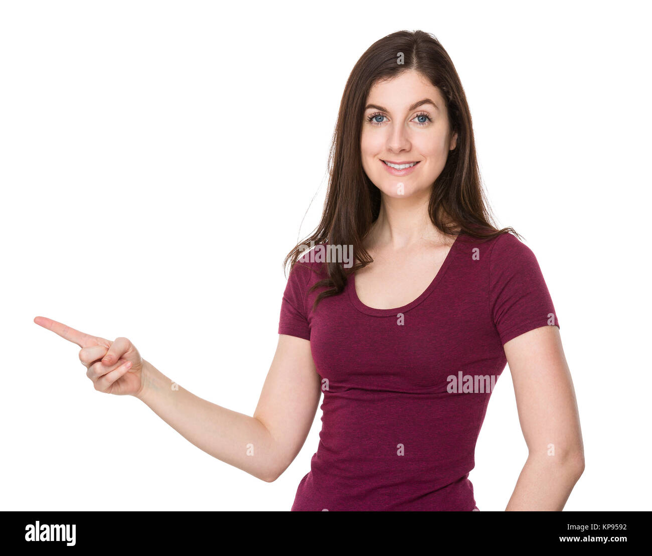 Caucasian woman with finger point up Stock Photo - Alamy