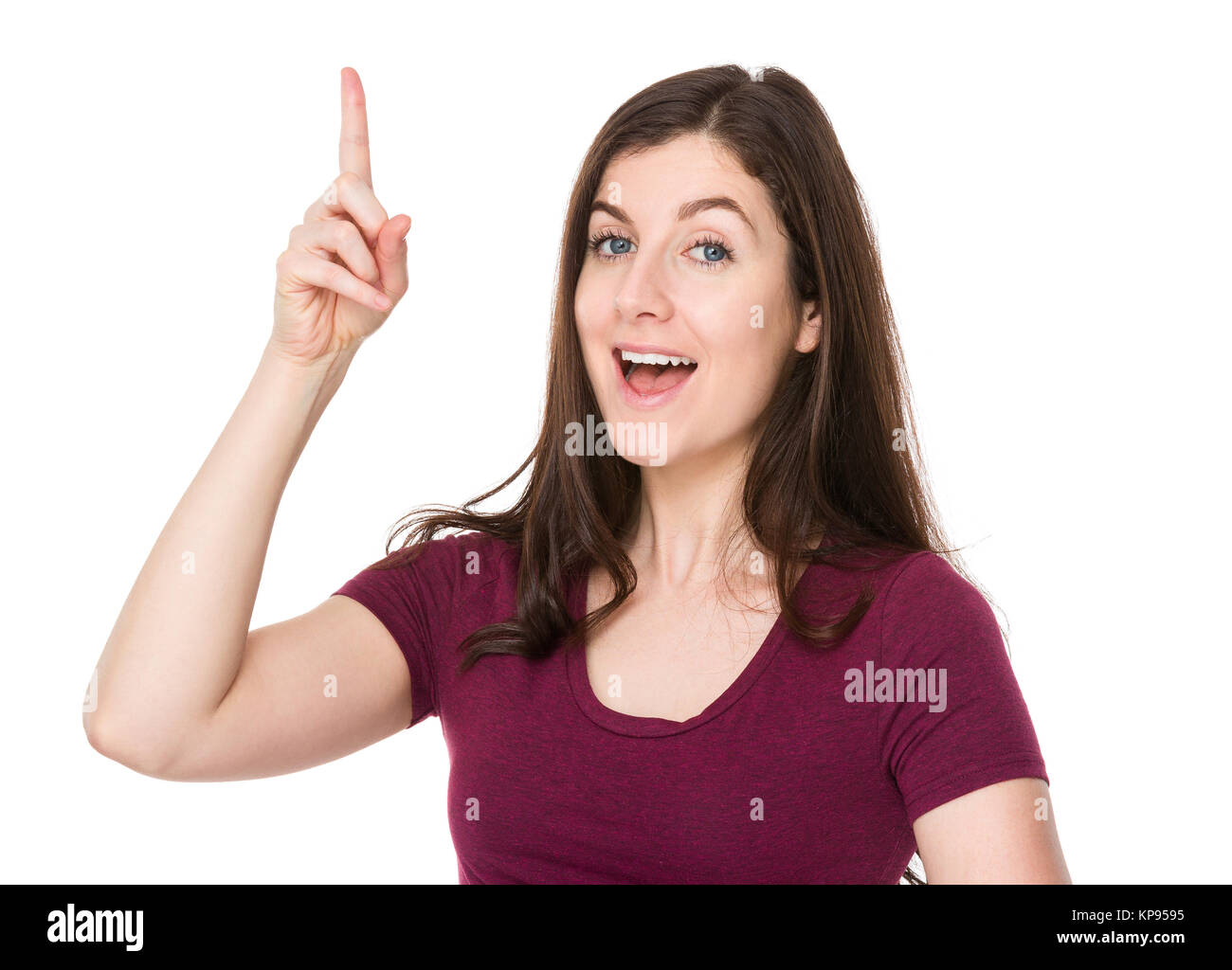 Brunette woman finger point up Stock Photo - Alamy