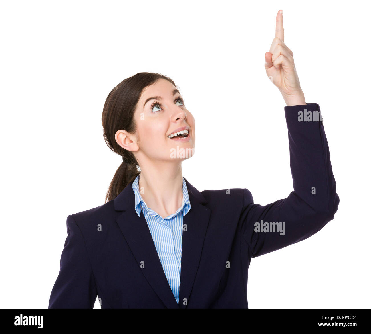 Young businesswoman looking the finger pointing up Stock Photo - Alamy