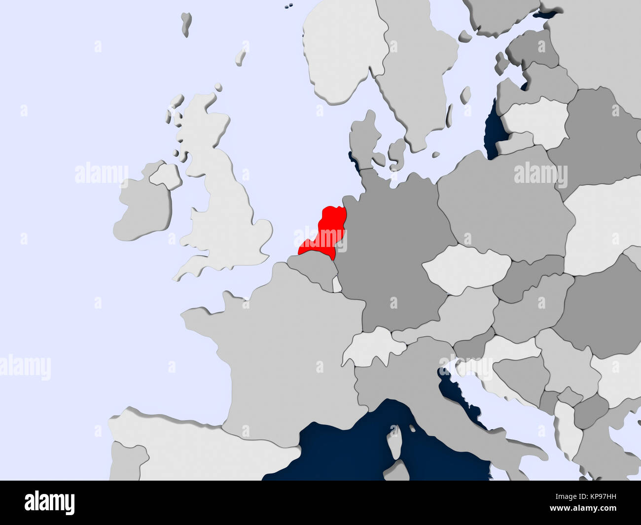 Netherlands in red on political map with transparent oceans. 3D ...
