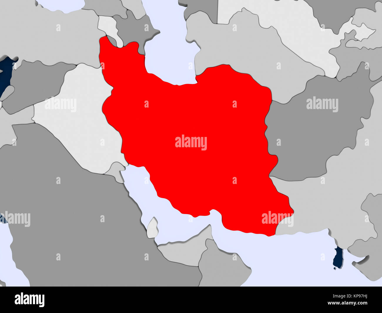 Iran in red on political map with transparent oceans. 3D illustration ...