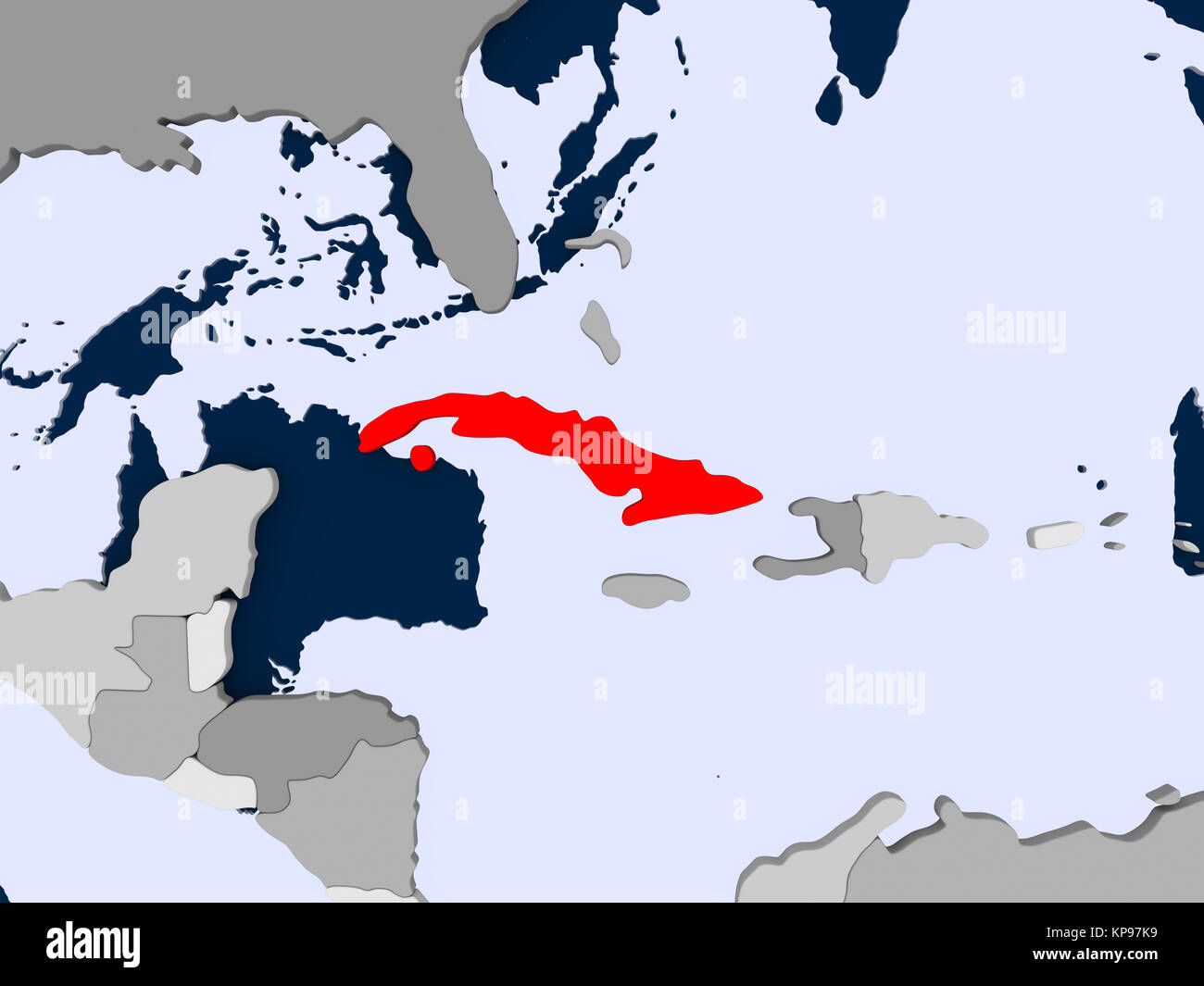 Cuba in red on political map with transparent oceans. 3D illustration ...