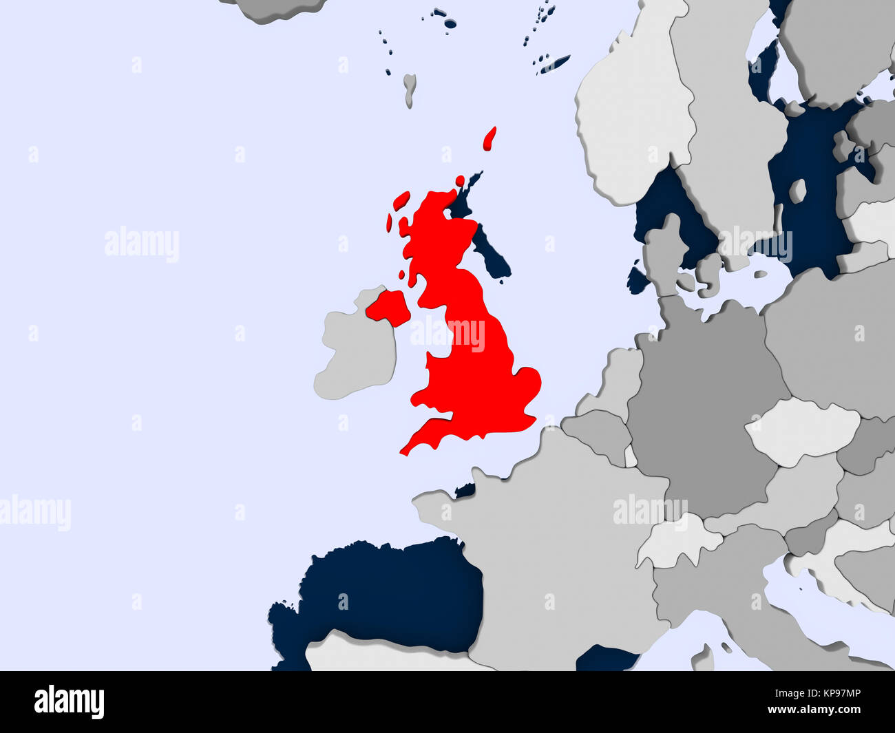 United Kingdom in red on political map with transparent oceans. 3D ...