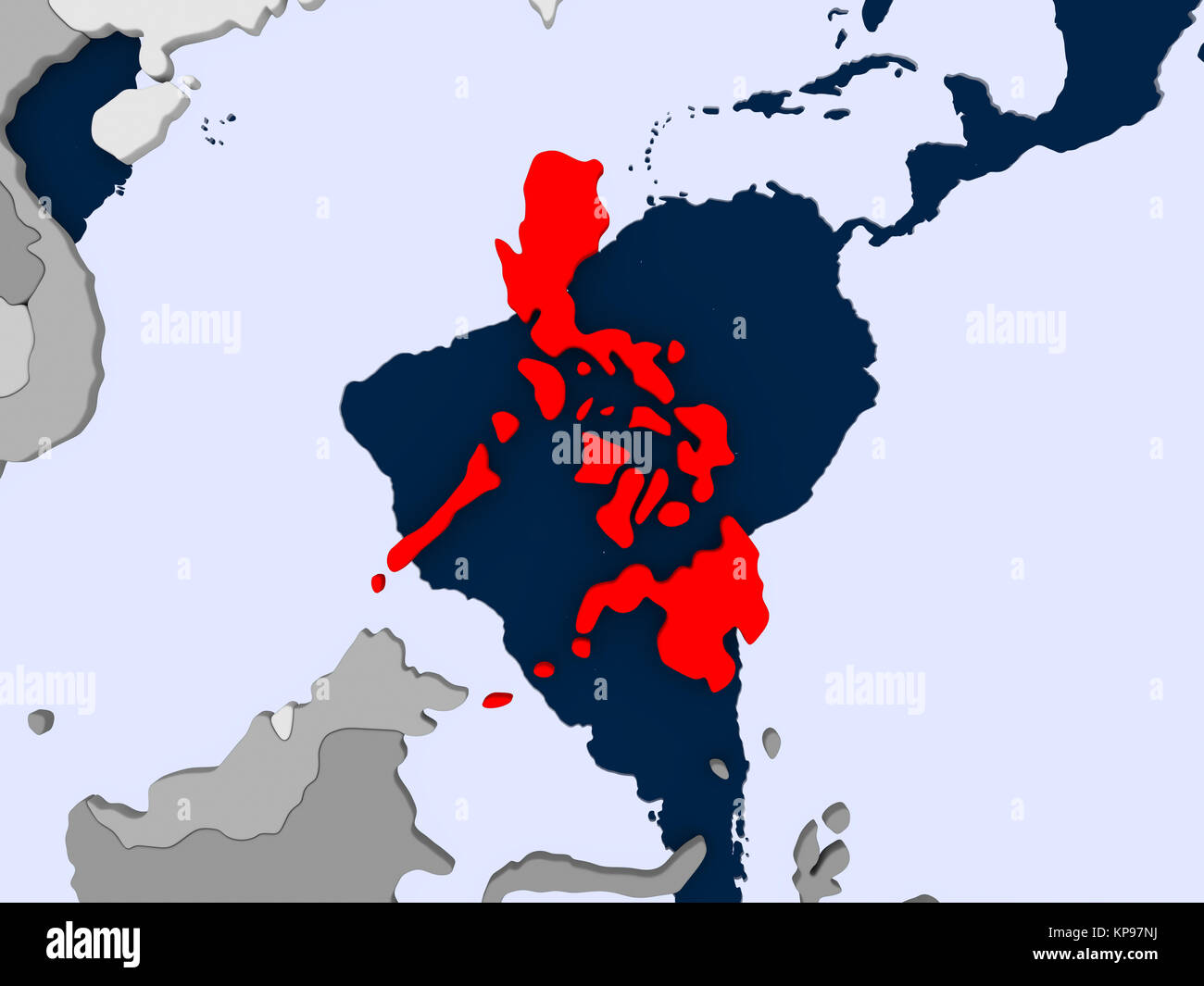 Philippines in red on political map with transparent oceans. 3D ...