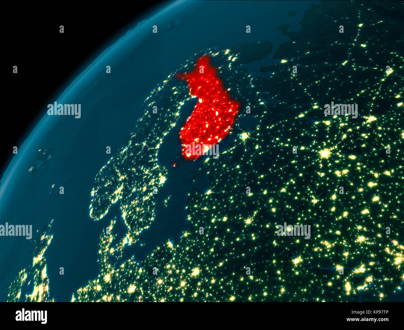 Night map of Finland as seen from space on planet Earth. 3D ...