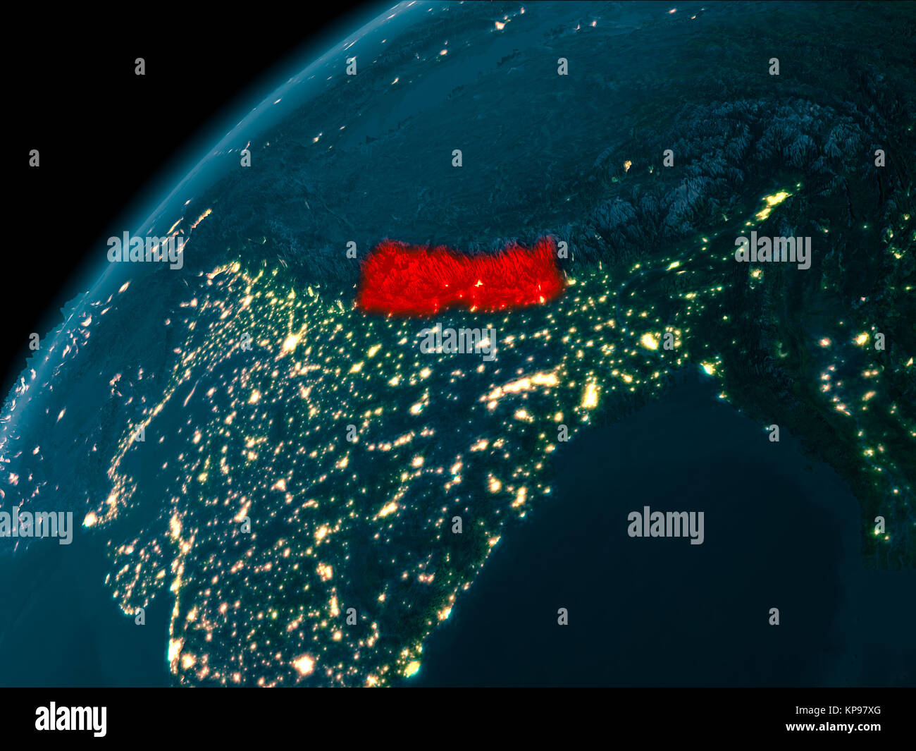 Night map of Nepal as seen from space on planet Earth. 3D illustration ...