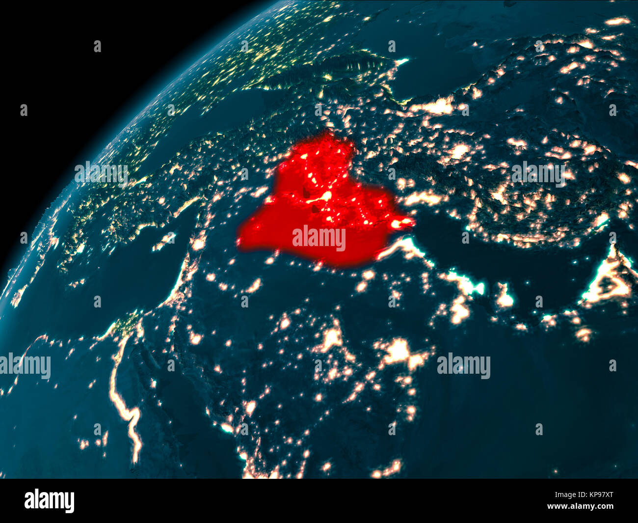 Night map of Iraq as seen from space on planet Earth. 3D illustration ...