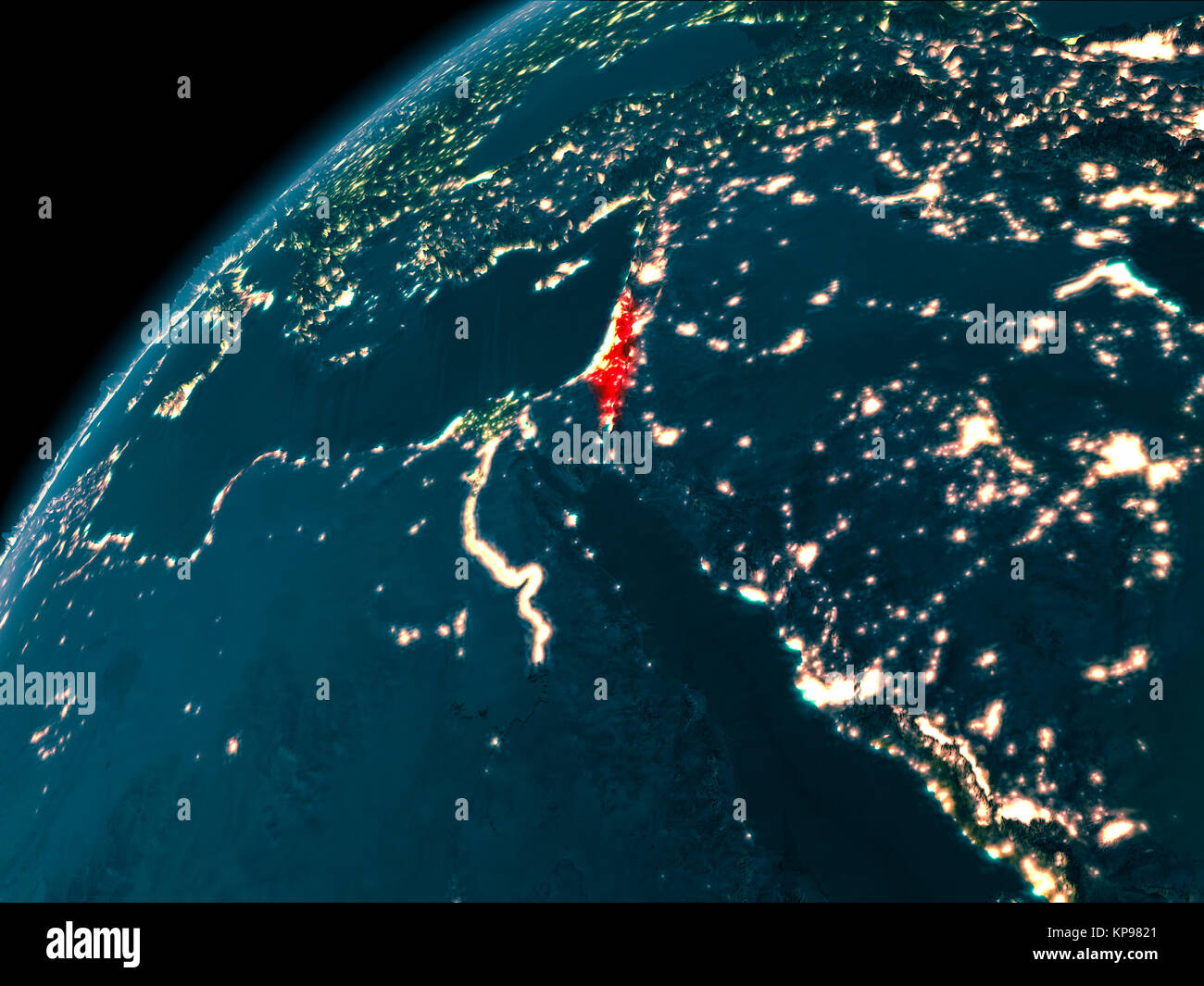 Night map of Israel as seen from space on planet Earth. 3D illustration ...