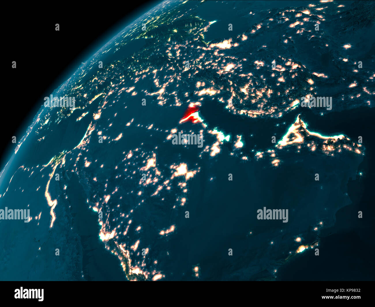 Night map of Kuwait as seen from space on planet Earth. 3D illustration ...