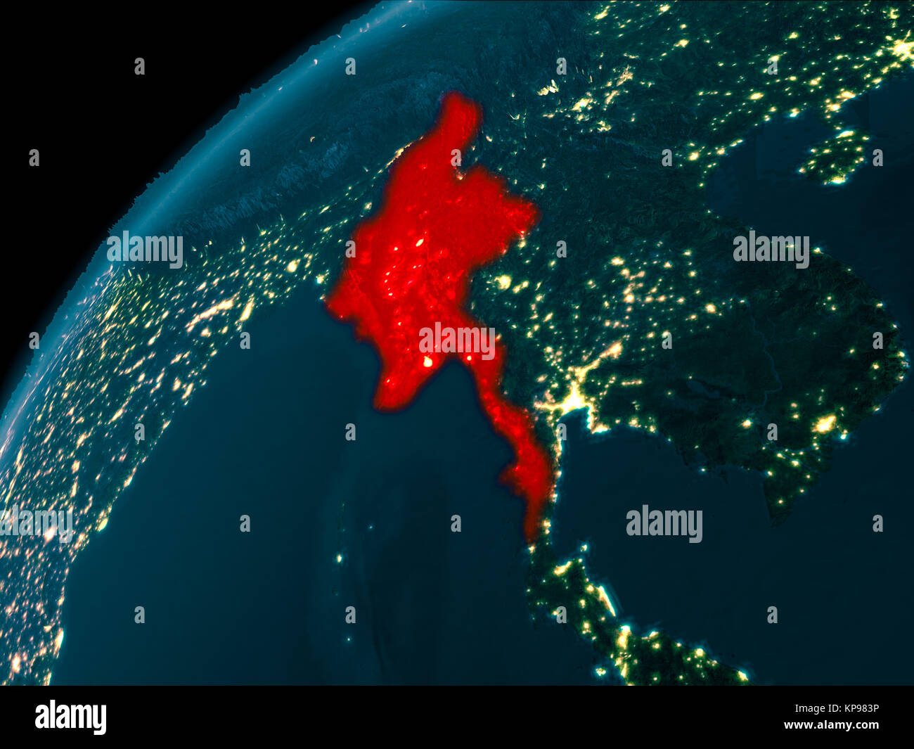 Night map of Myanmar as seen from space on planet Earth. 3D ...