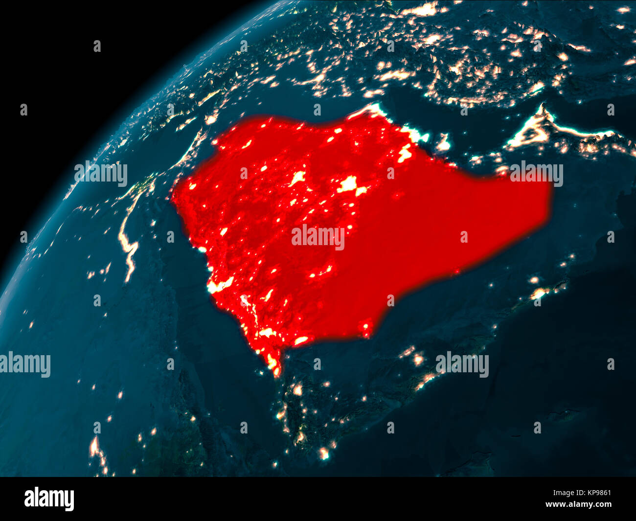 Night map of Saudi Arabia as seen from space on planet Earth. 3D ...