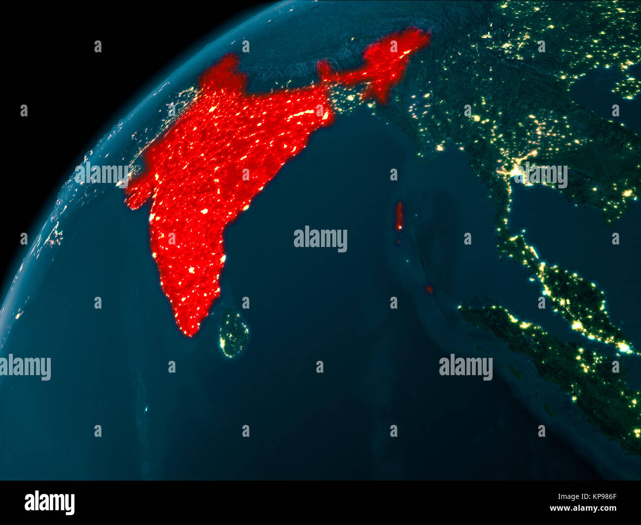 Night map of India as seen from space on planet Earth. 3D illustration ...
