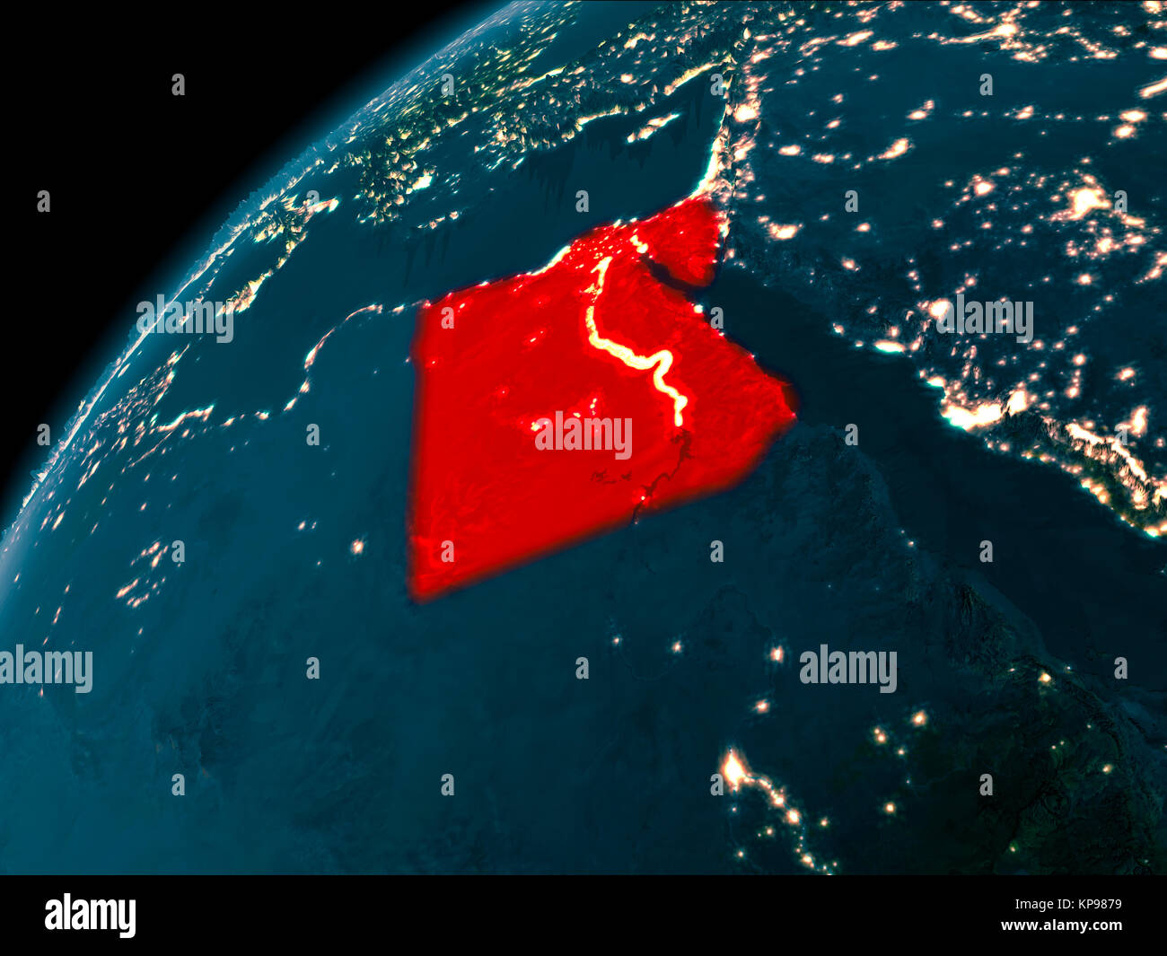 Night map of Egypt as seen from space on planet Earth. 3D illustration ...