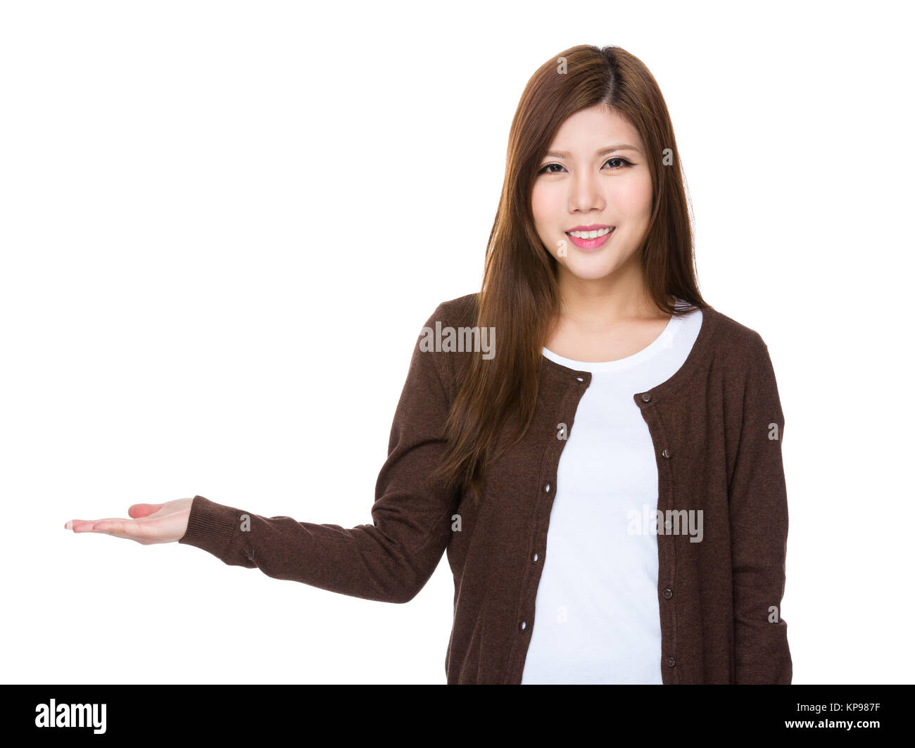 Asian woman with hand presentation Stock Photo - Alamy