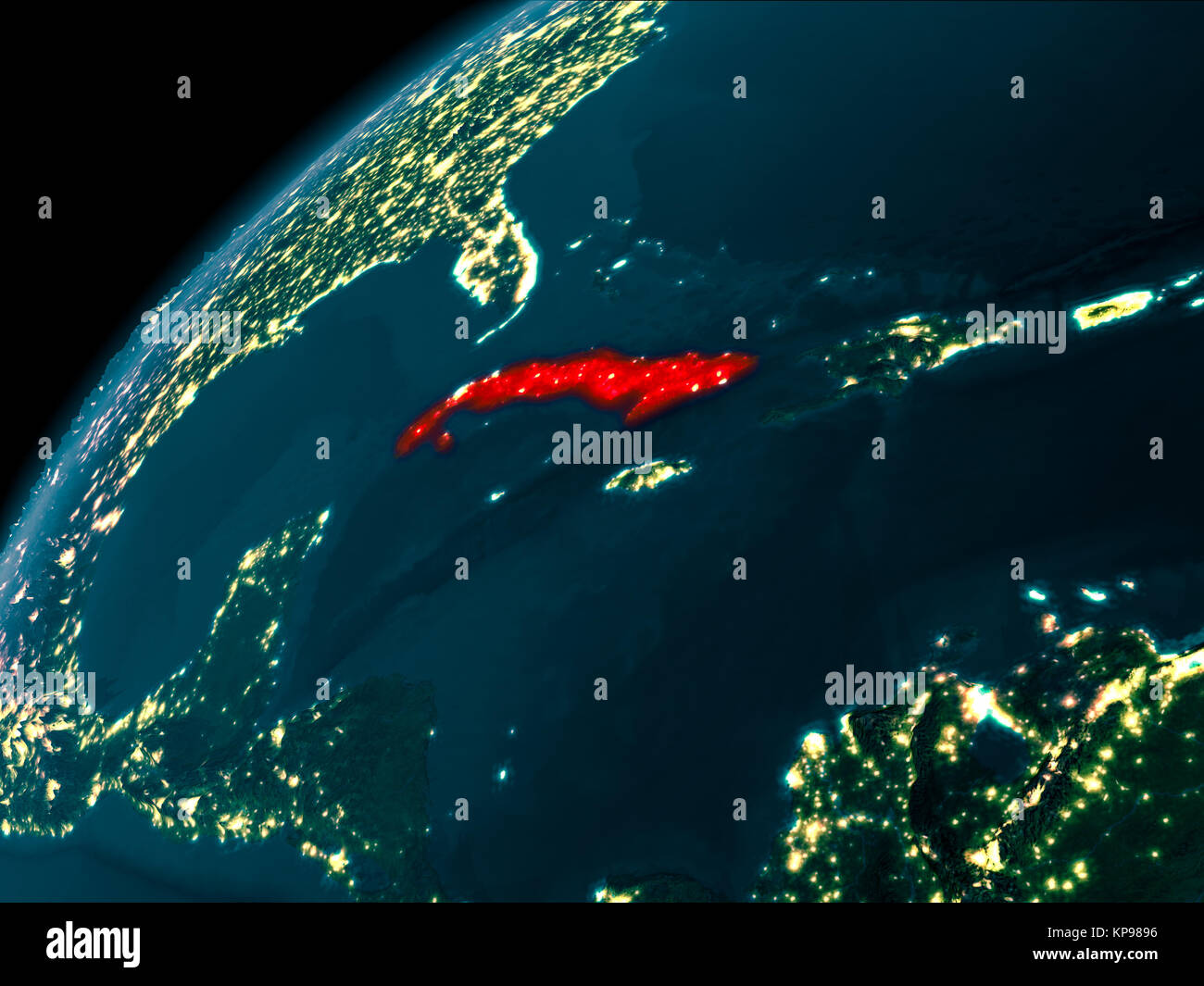 Night map of Cuba as seen from space on planet Earth. 3D illustration ...