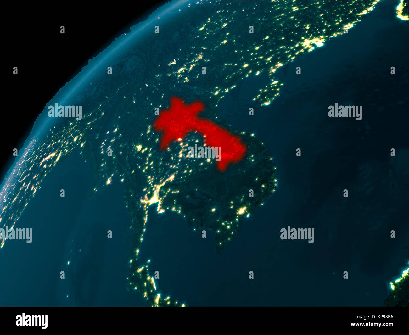 Night map of Laos as seen from space on planet Earth. 3D illustration ...