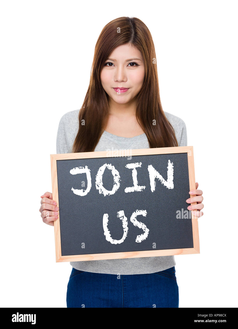 Asian woman hold with blackboard showing phrase join us Stock Photo - Alamy