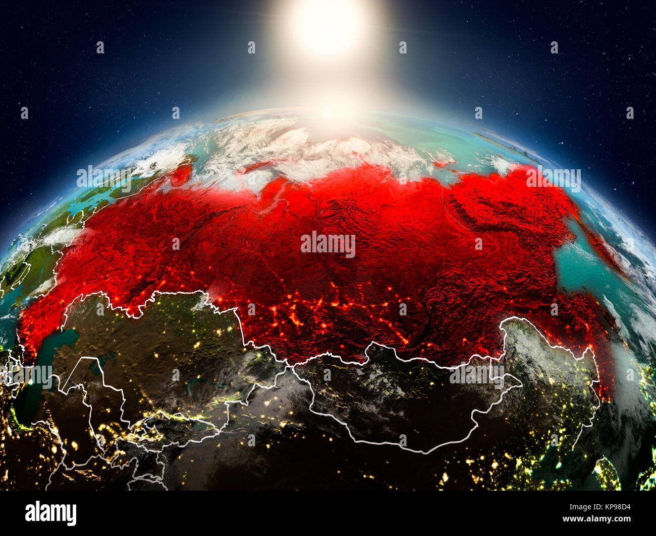 Sunrise above Russia highlighted in red on model of planet Earth in ...