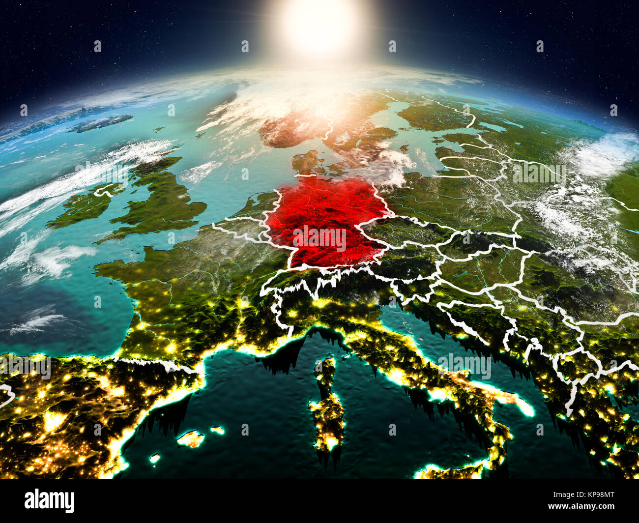 Sunrise above Germany highlighted in red on model of planet Earth in ...