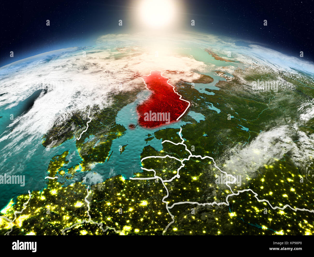 Sunrise above Finland highlighted in red on model of planet Earth in space with visible country ...