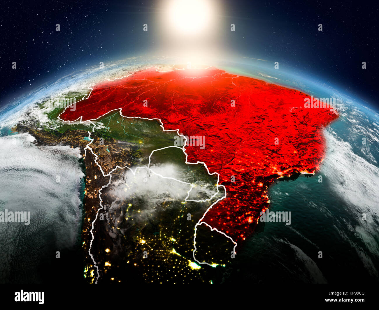 Sunrise above Brazil highlighted in red on model of planet Earth in ...