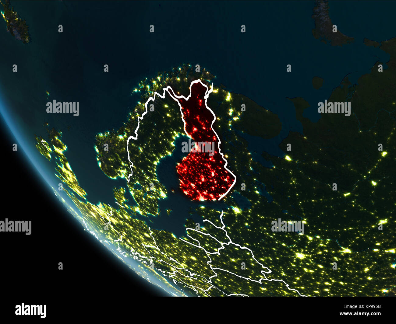 Satellite view of Finland highlighted in red on planet Earth at night with borderlines and city ...
