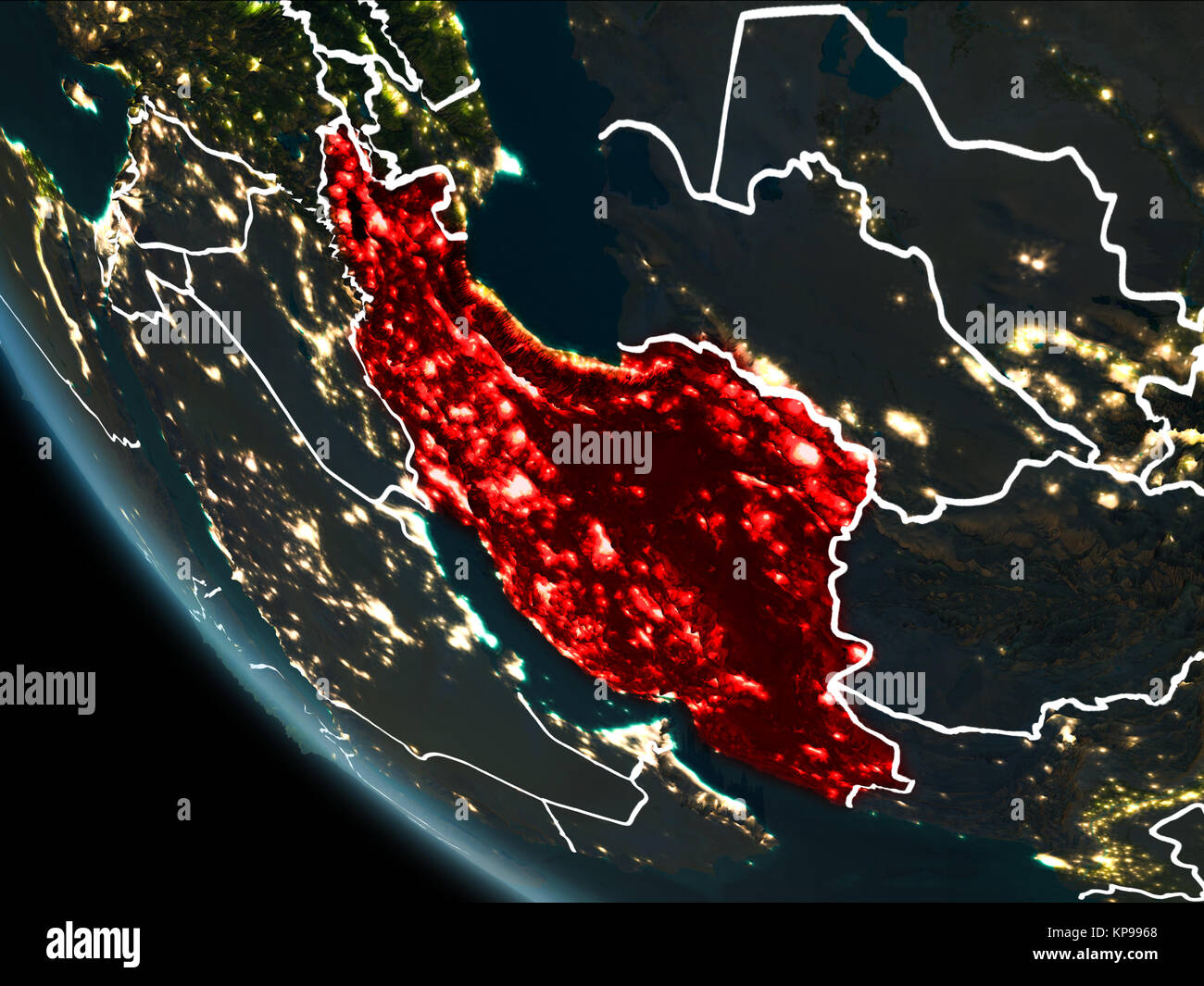 Satellite view of Iran highlighted in red on planet Earth at night with borderlines and city ...