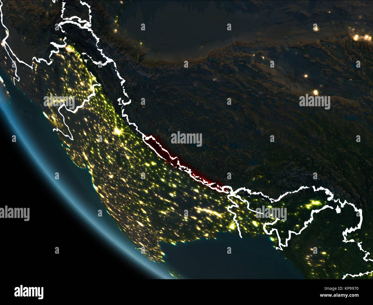 Satellite view of Nepal highlighted in red on planet Earth at night ...