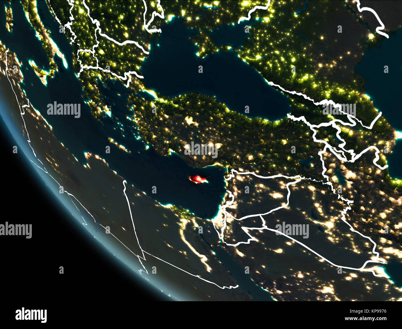 Satellite view of Cyprus highlighted in red on planet Earth at night ...