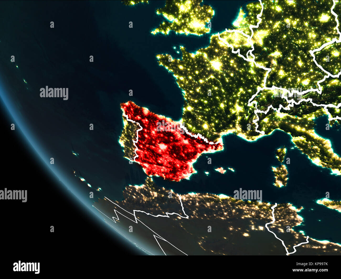 Satellite view of Spain highlighted in red on planet Earth at night ...