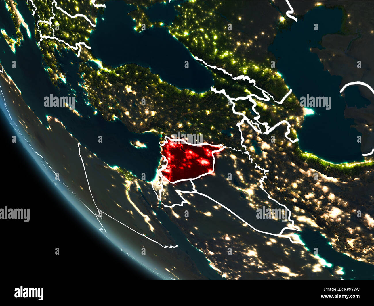 Satellite view of Syria highlighted in red on planet Earth at night ...