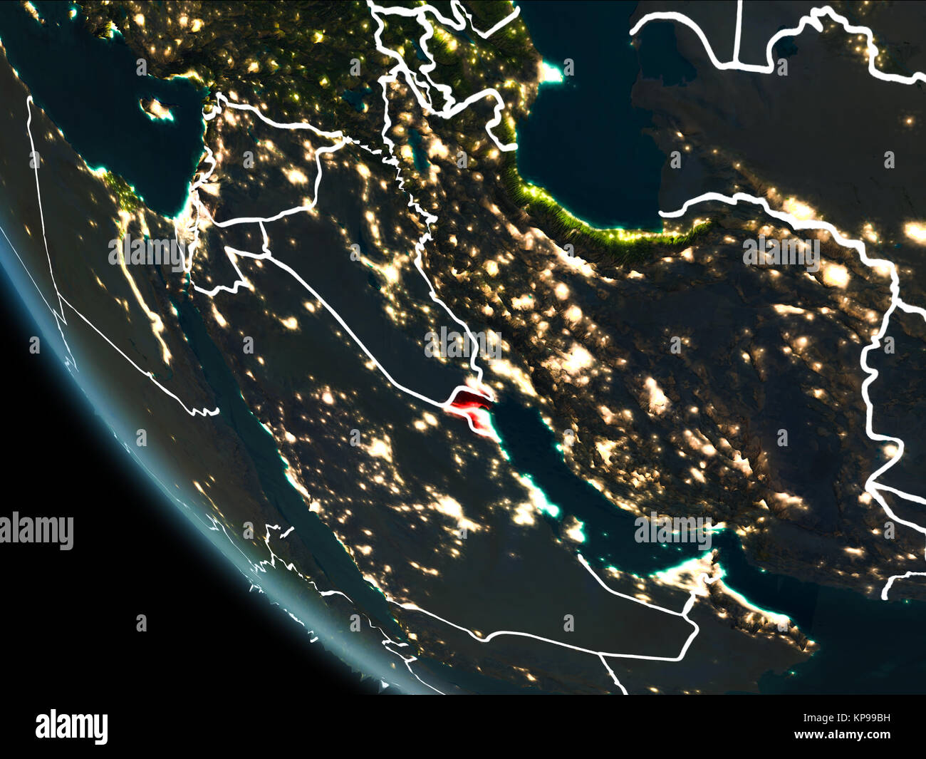 Satellite view of Kuwait highlighted in red on planet Earth at night with borderlines and city ...