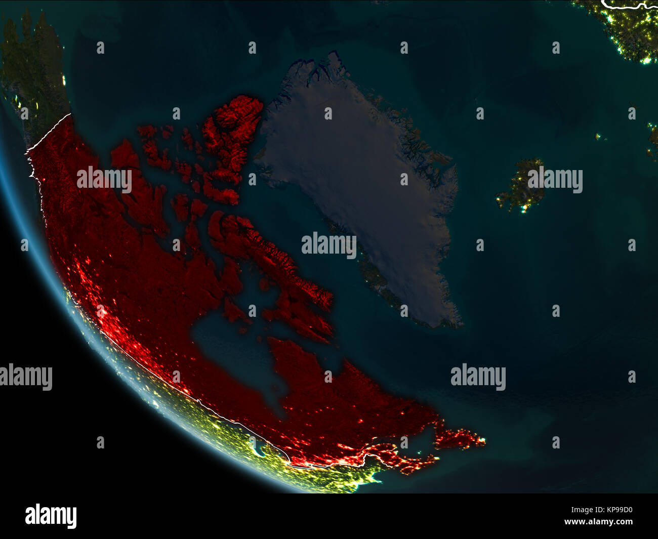 Satellite view of Canada highlighted in red on planet Earth at night ...
