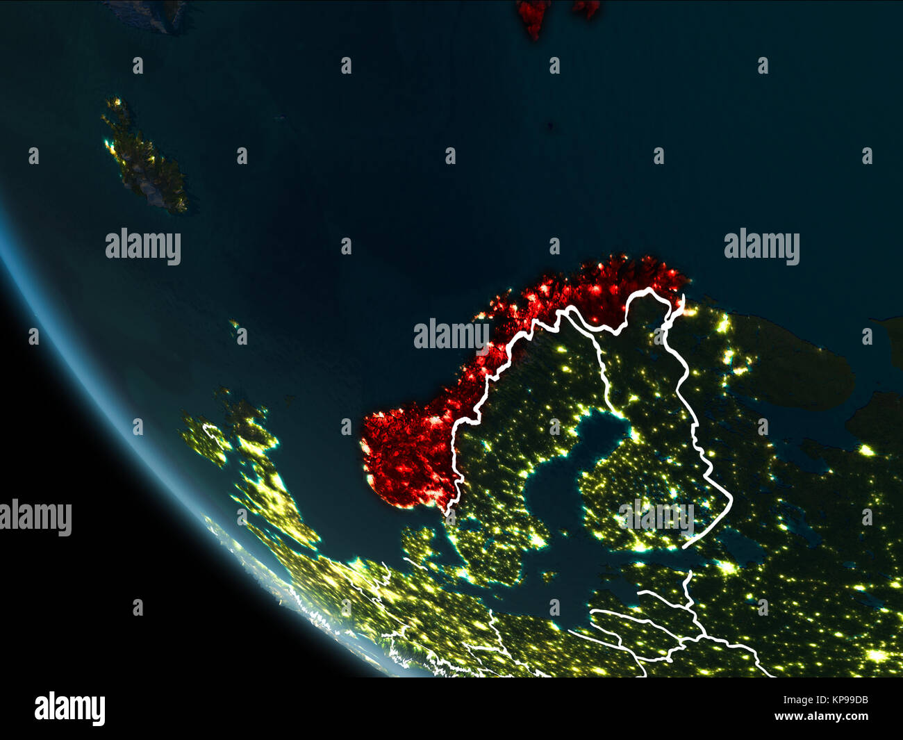 Satellite view of Norway highlighted in red on planet Earth at night with borderlines and city ...
