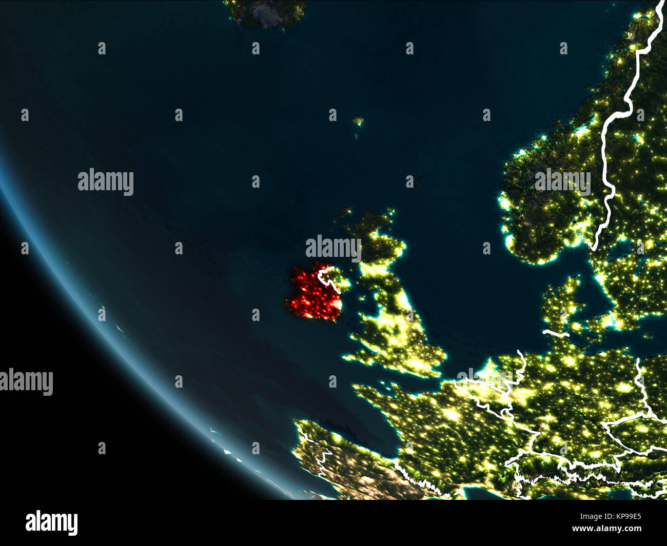 Satellite view of Ireland highlighted in red on planet Earth at night ...