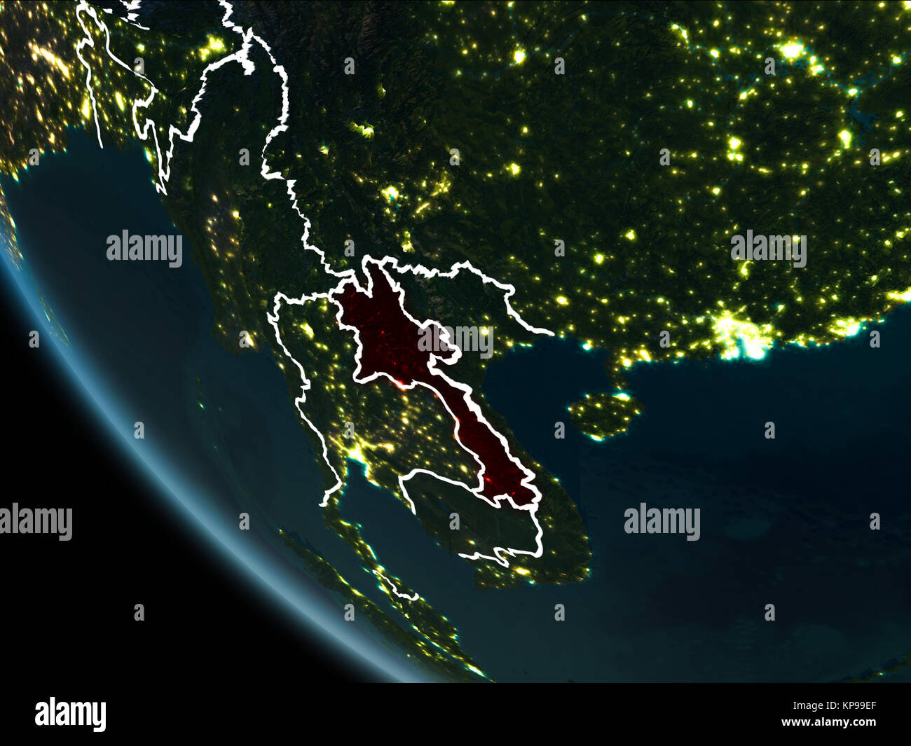 Satellite view of Laos highlighted in red on planet Earth at night with ...