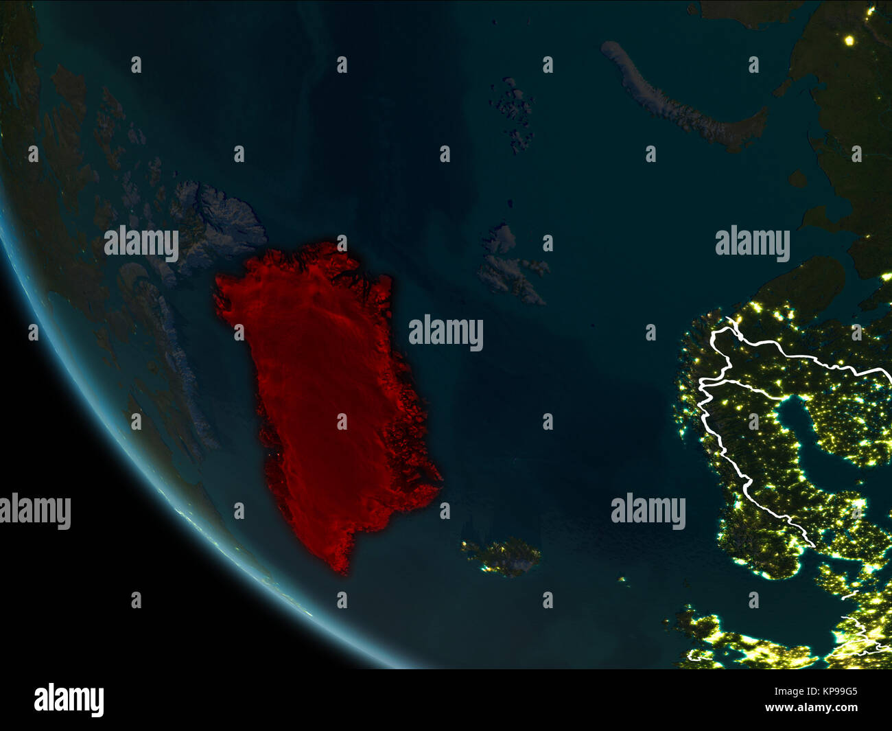 Satellite view of Greenland highlighted in red on planet Earth at night with borderlines and ...
